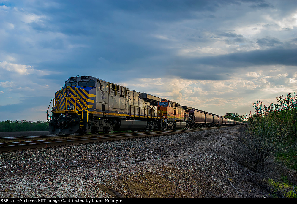 CREX 1326 DPU on westbound BNSF loaded grain train